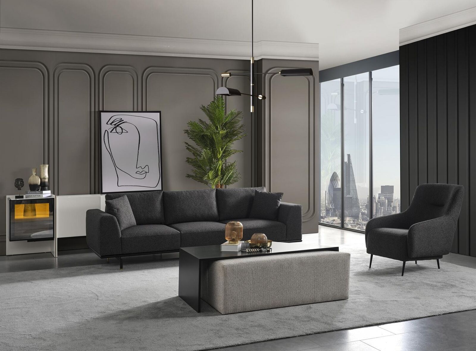 Modern 4 Seater Sofa Set in Grey Fabric with Matching Armchair jvfurniture